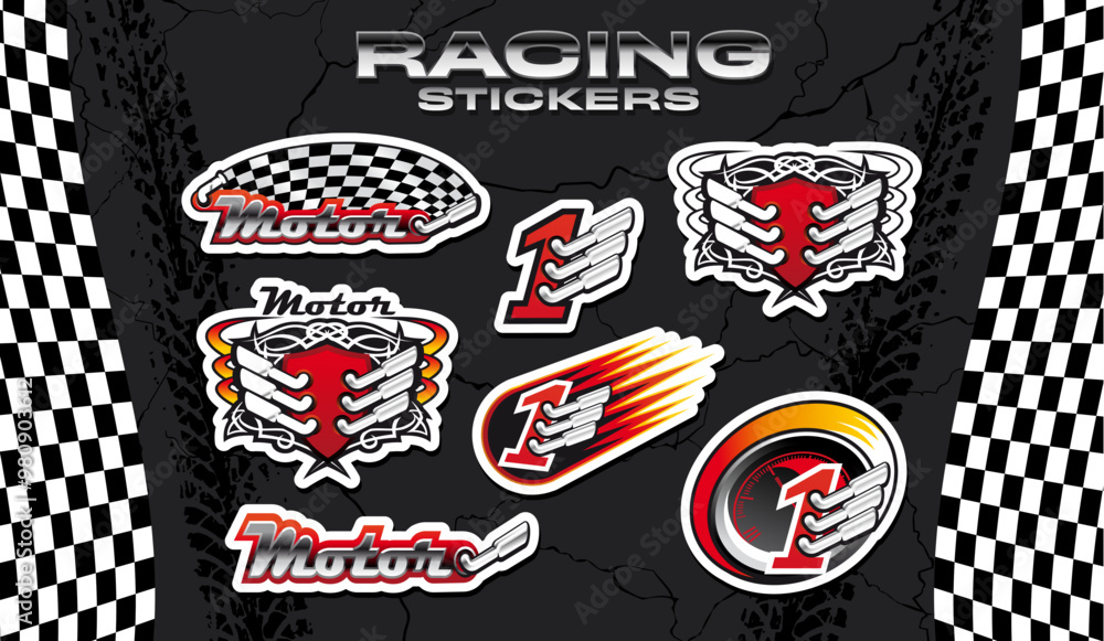 Racing sport stickers pack featuring vector motorsport patches ...