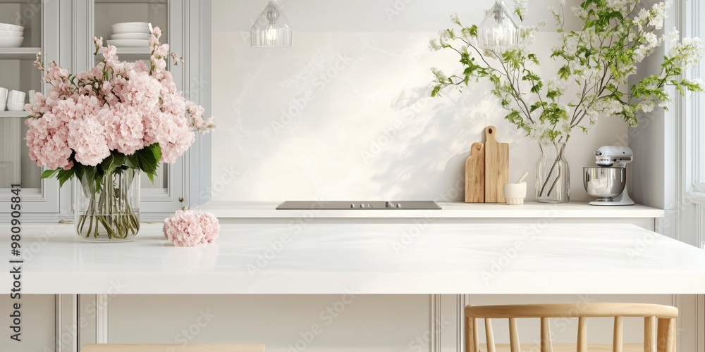 Empty countertop mockup in comfortable and spacious kitchen with ...