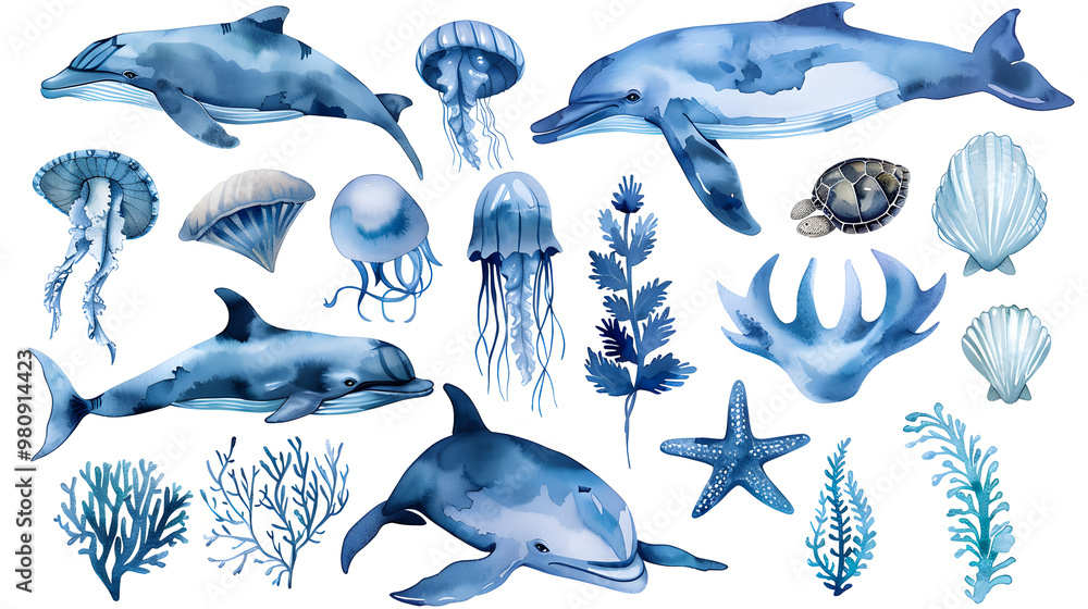 sea animals composition. Blue watercolor ocean fish, turtle, whale and ...