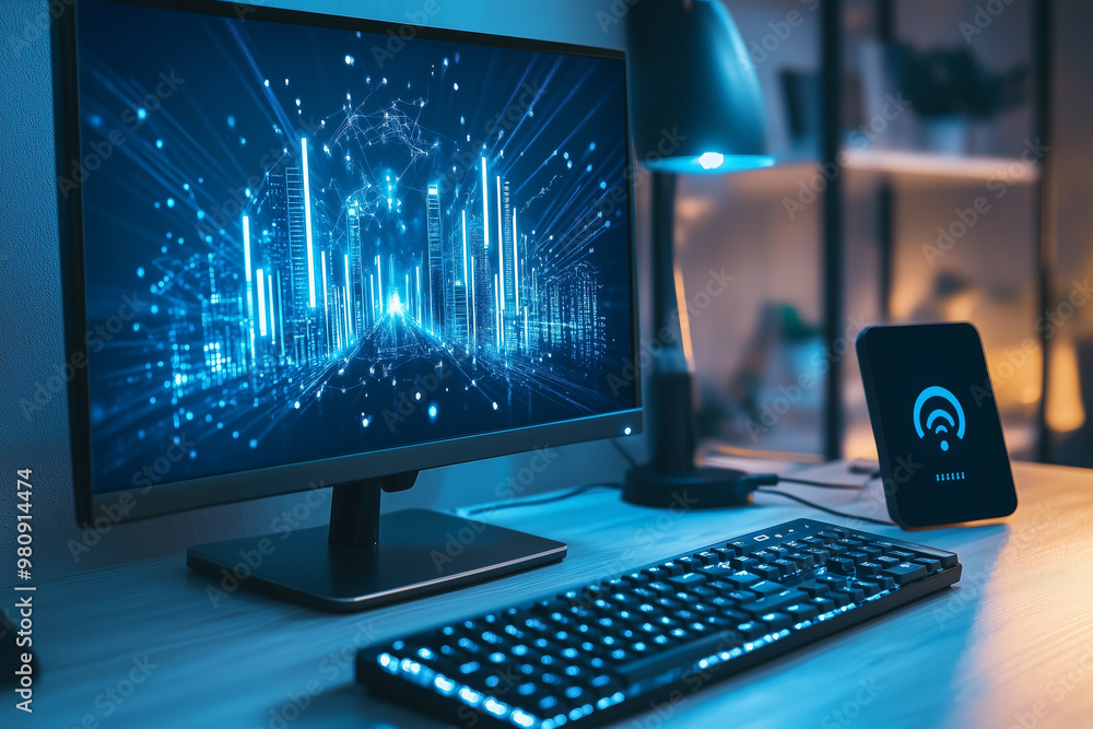 Wi-Fi router modem positioned on a table with a keyboard, computer ...