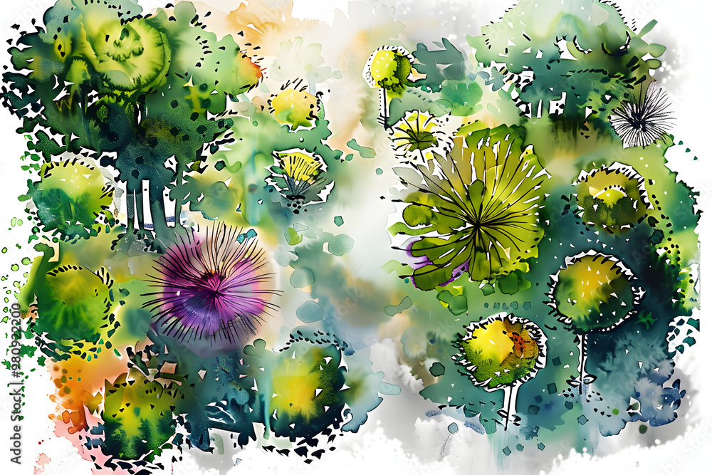 Symbols of Landscape architect plan design by watercolor hand drawn ...