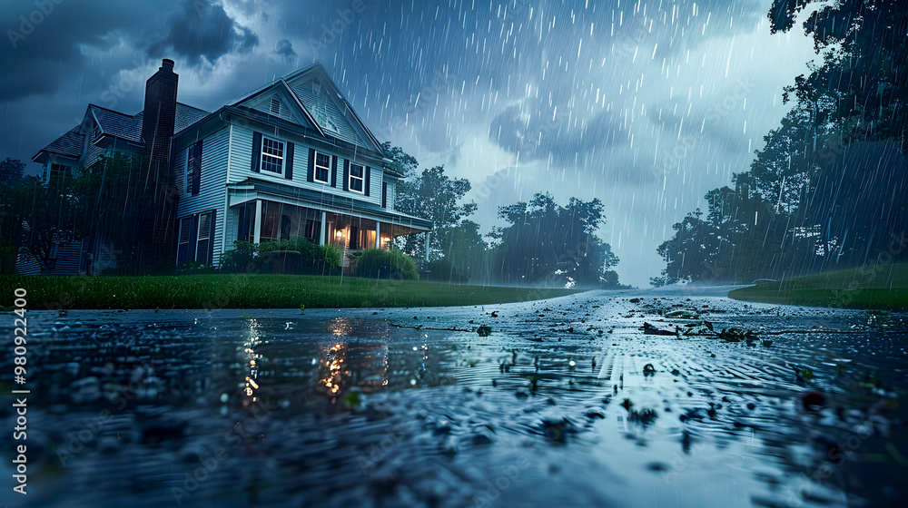 Thunderstorm and heavy rain falling on home or house building ...