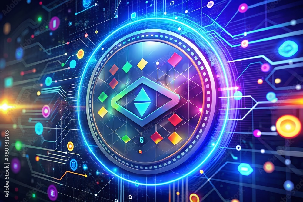 Modern digital badge featuring stylized coding symbols and colorful ...