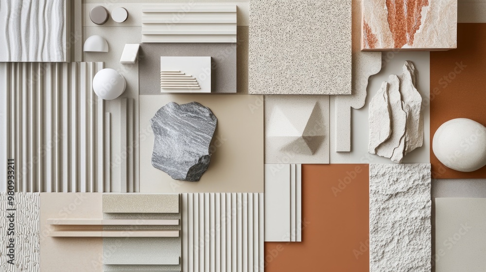 Contemporary flat lay composition in snowbound, stucco, rocky river ...