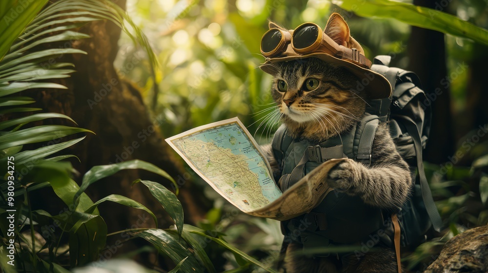 Brave Explorer Cat Trekking Through Jungle with Map and Backpack ...