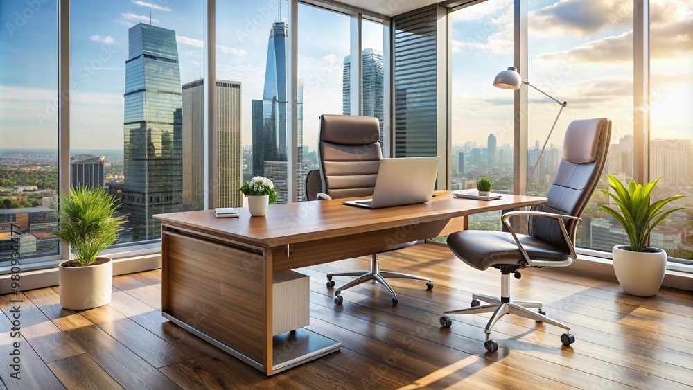 Modern executive desk with ergonomic chair, laptop, and paperwork, set ...