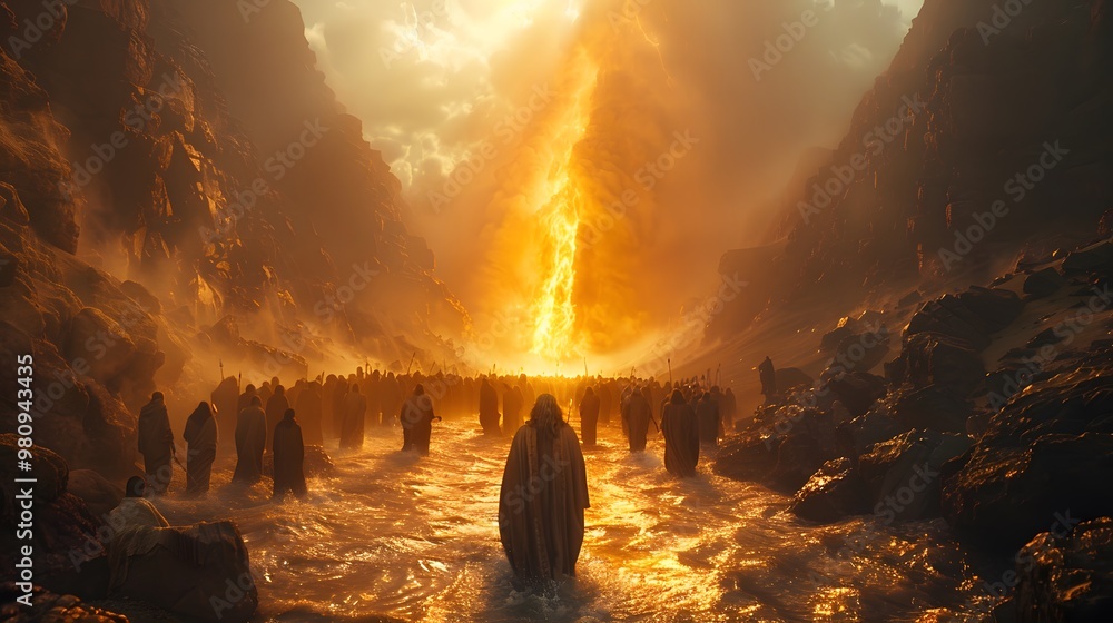 Capture the epic scene as Moses leads the Israelites through the parted ...
