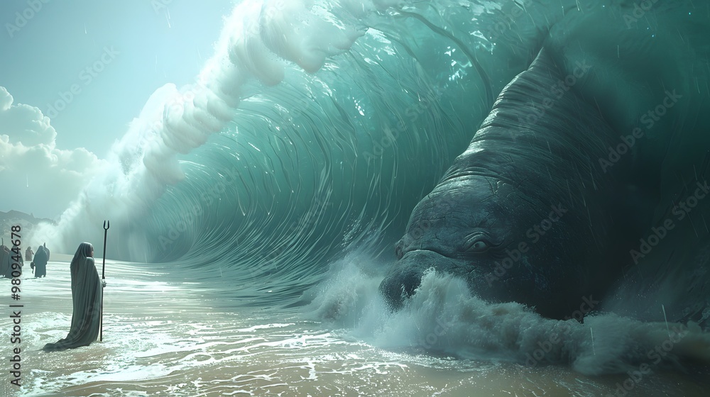 Capture the powerful scene of Moses standing resolutely with his staff ...