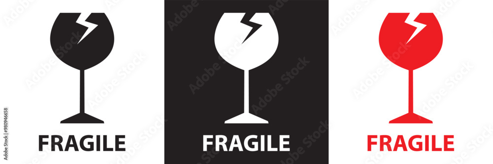 sticker fragile red white and black fragile warning label with broken ...