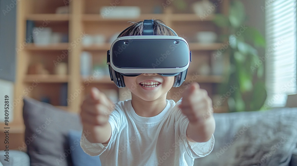 Show an Asian boy energetically swinging a virtual bat in his living ...