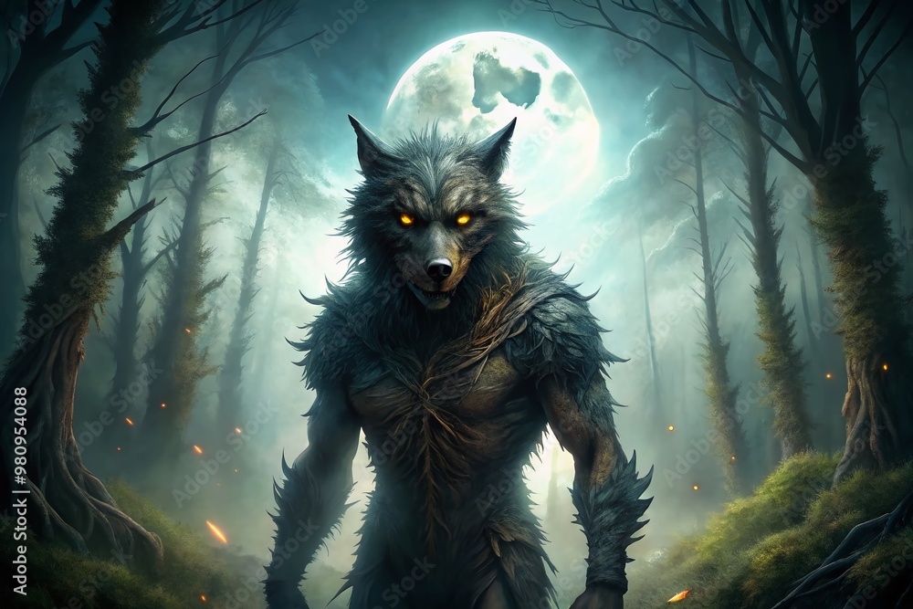 Mysterious, glowing-eyed creature with furry, wolf-like features and ...