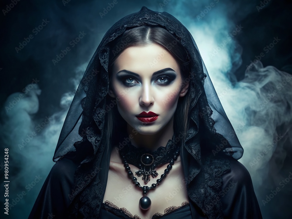 Mysterious female figure with pale complexions, dark lipstick, and ...