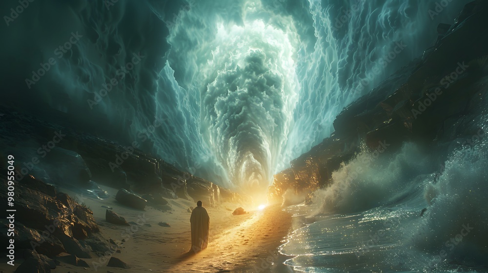 Visualize Moses parting the Red Sea, creating a dry path with colossal ...