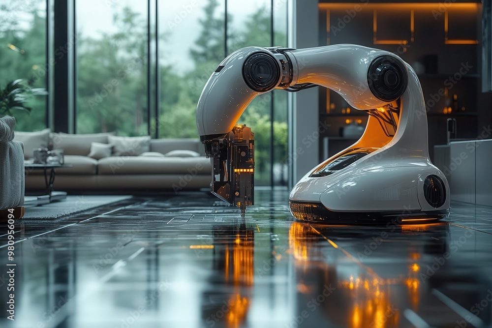 robotic arms installing smart flooring system futuristic living room ...