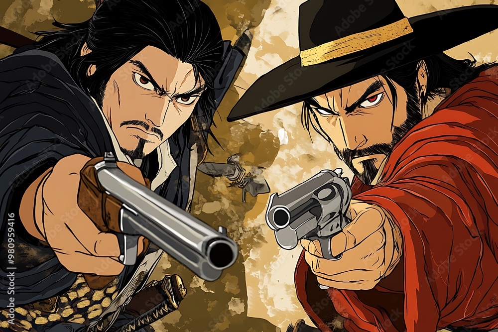 Two Men with Guns, One in a Cowboy Hat and the Other in Traditional ...
