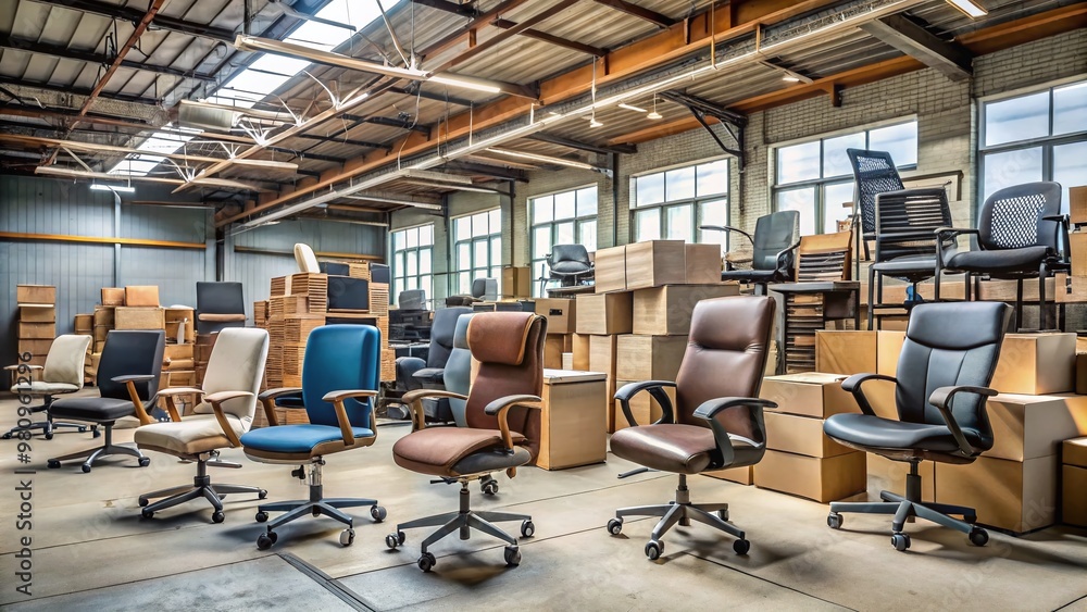 Pre-owned office chairs, desks, and filing cabinets stacked in a ...