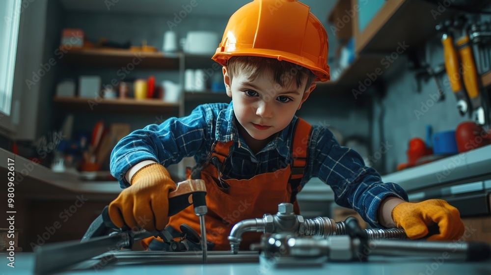 Boy in plumber gear changing a kitchen faucet, tools and pipes laid ...