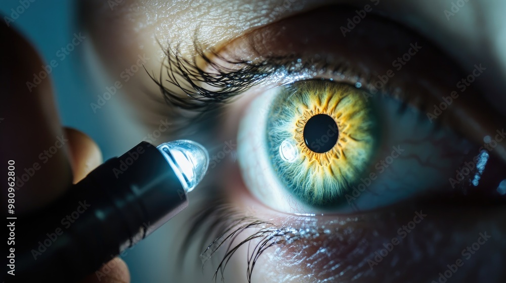 Doctorâ€™s hand holding a small flashlight to check a patientâ€™s eyes ...
