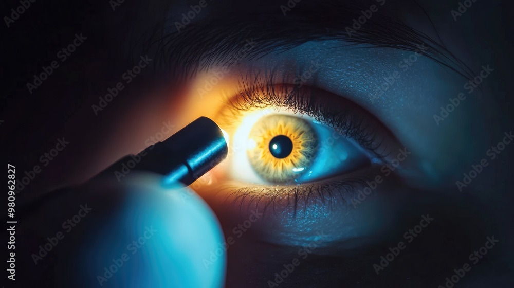 Doctorâ€™s hand holding a small flashlight to check a patientâ€™s eyes ...