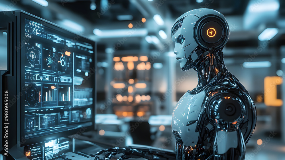 An AI robot is analyzing data in a futuristic control center with advanced robotics Stock ...