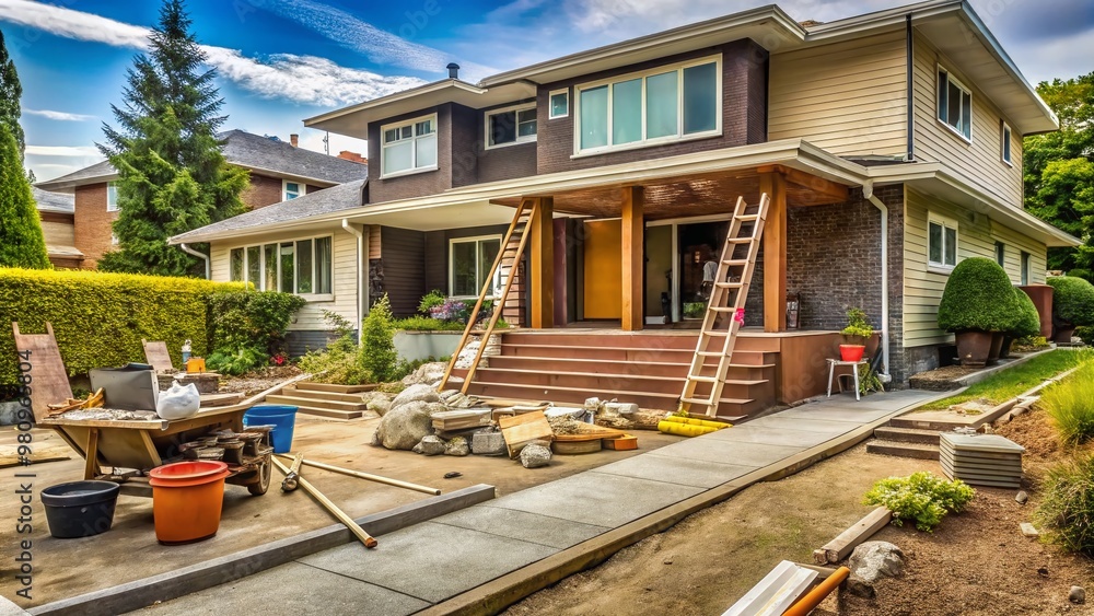 Retro 1970s-style suburban exterior with iconic façade and stairway ...