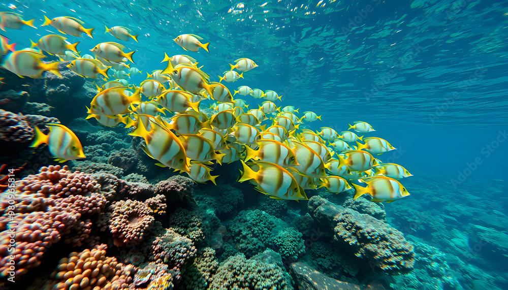School Of Convict Tang Fish (Acanthurus Triostegus) Grazing Over Coral ...