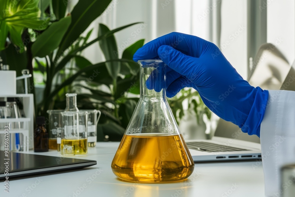 In a laboratory, an anonymous scientist wears disposable gloves and ...