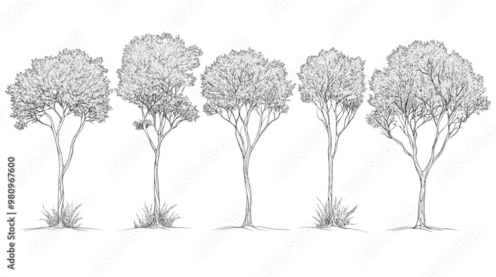 Architectural Drawings, Minimal style cad tree line drawing, Side view ...