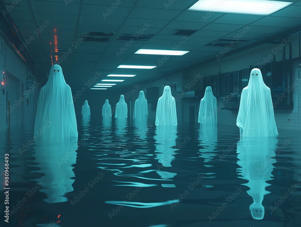 A submerged science lab haunted by ghostly figures, glowing creatures ...