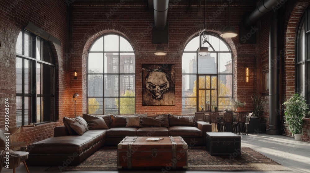 Gothic Industrial Loft Living Area: Exposed Brick, Steel Windows, and ...