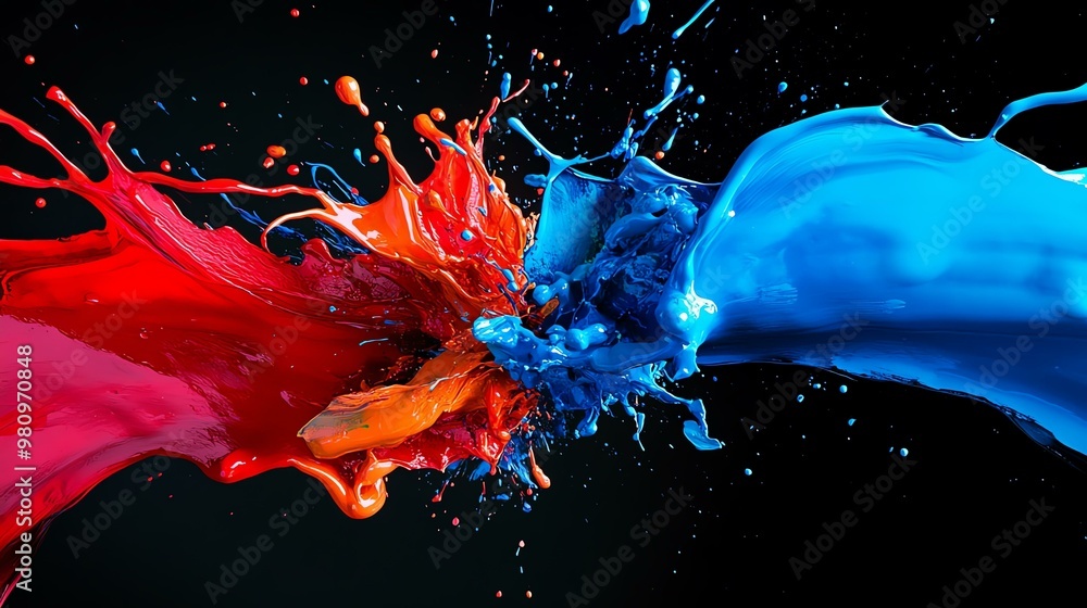 Dynamic splash of red and blue paint colliding, creating an artistic ...