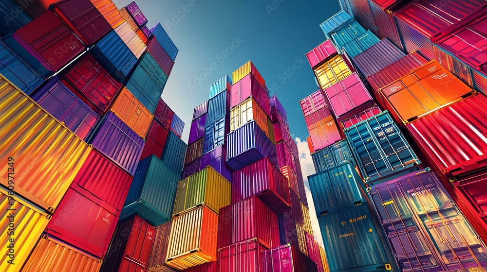 Vibrant shipping containers stacked high against a clear sky ...