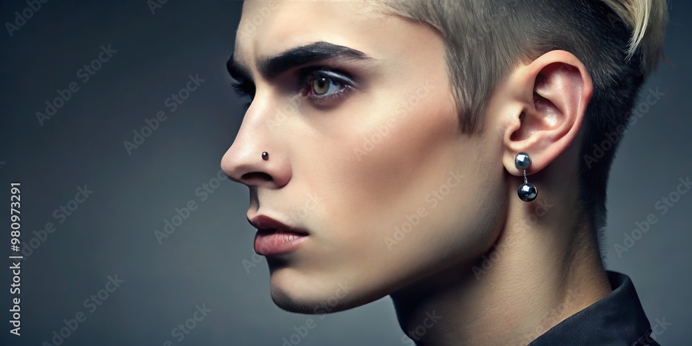 The profile reveals a chiseled visage, with high cheekbones, a defined ...