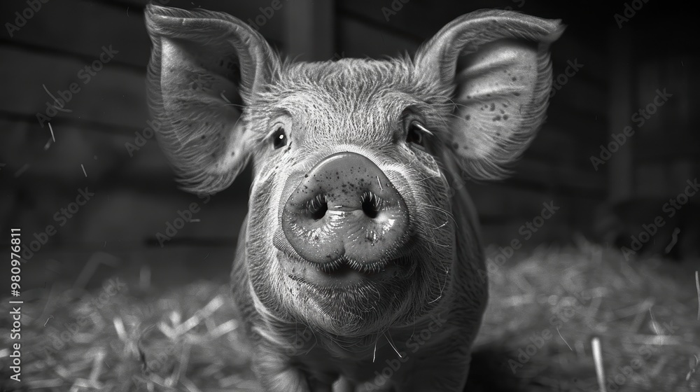 Close-up black and white photograph of a curious piglet with floppy ...