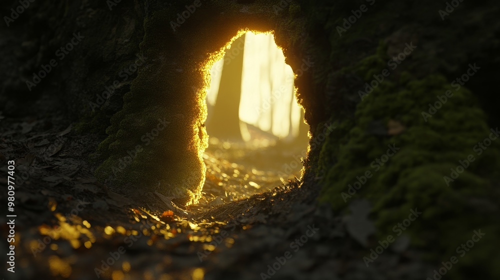 A majestic fantasy scene features a portal arch decorated with creepers ...