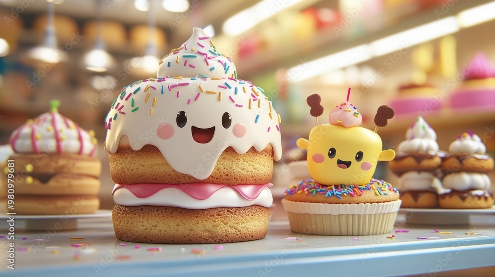 Cute cartoon characters shaped like cakes and cookies, with happy faces ...