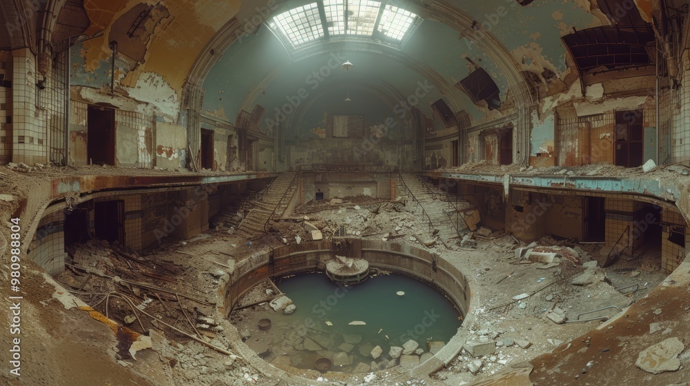 An abandoned, dilapidated interior of an old bathhouse with a central ...