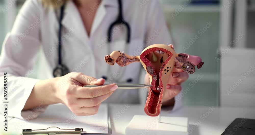 Gynecologist doctor points with pen to model of uterus and ovaries ...