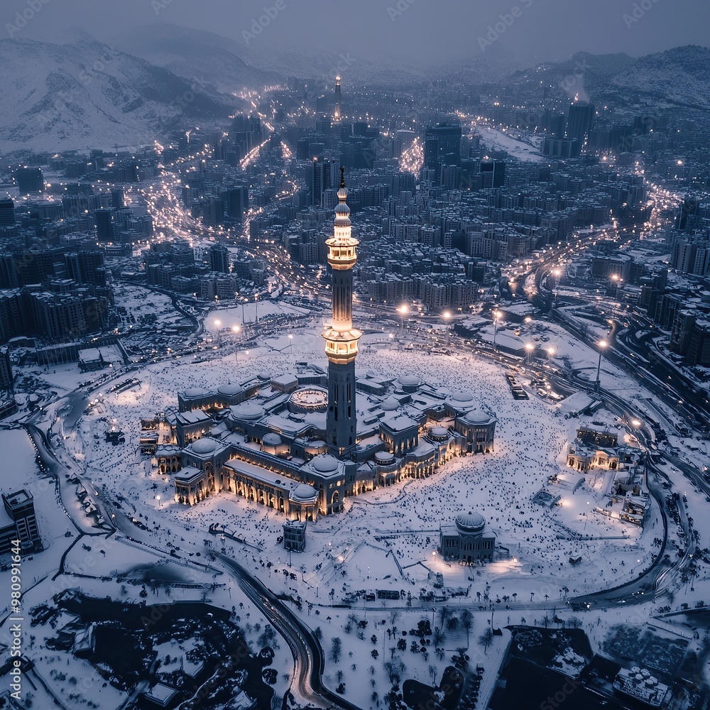 Night view of the grand mosque in Mecca, Saudi Arabia. Aerial photo ...