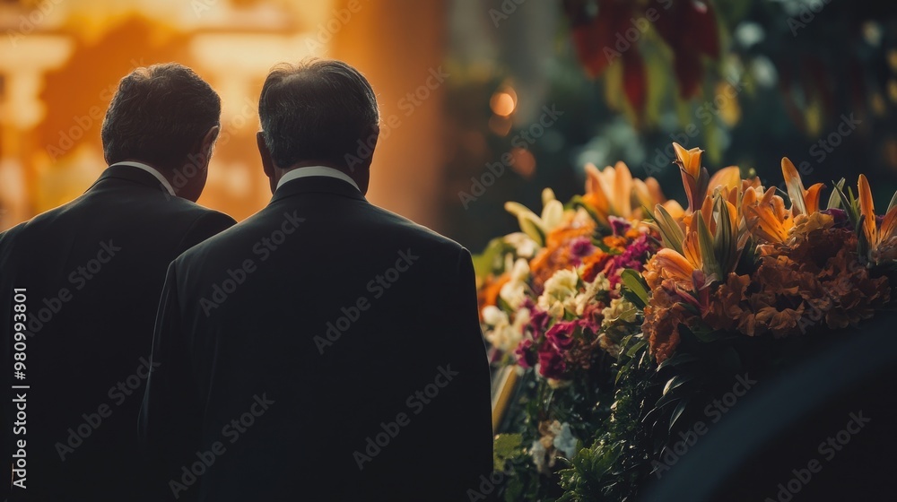 Funeral ceremony with two men in dark suits standing next to a flower ...