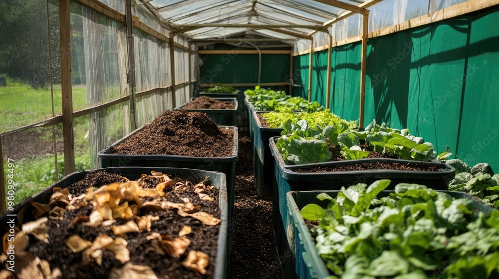 Greenhouse environment with compost bins converting organic waste into ...