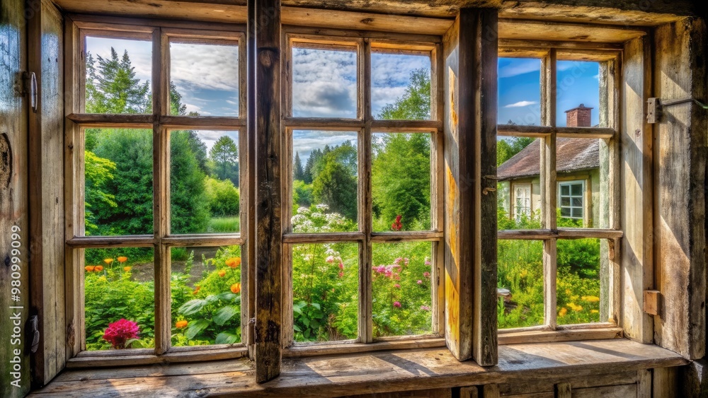 Weathered wooden window frames garden view in old house , vintage ...