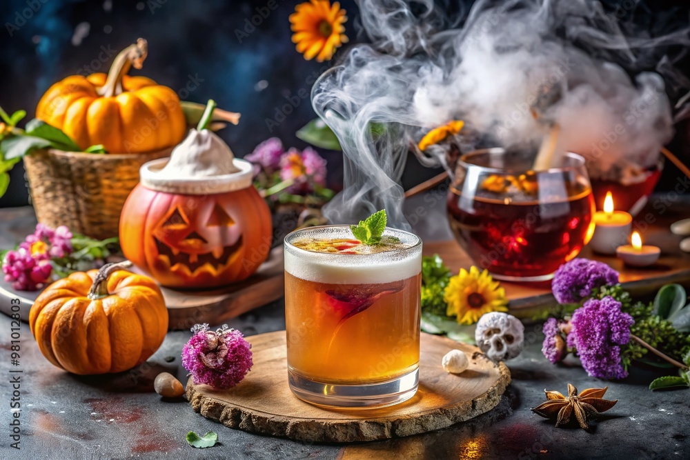Spooky season-inspired craft cocktails featuring bourbon, garnished ...