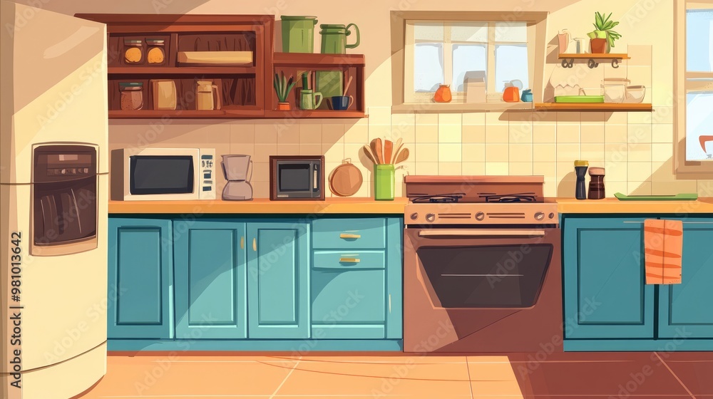 2D Cartoon Illustration of Kitchen Interior Background Stock ...