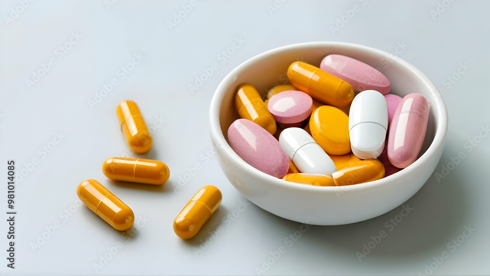 vitamins and supplements pills capsules and tablets in a small dish ...