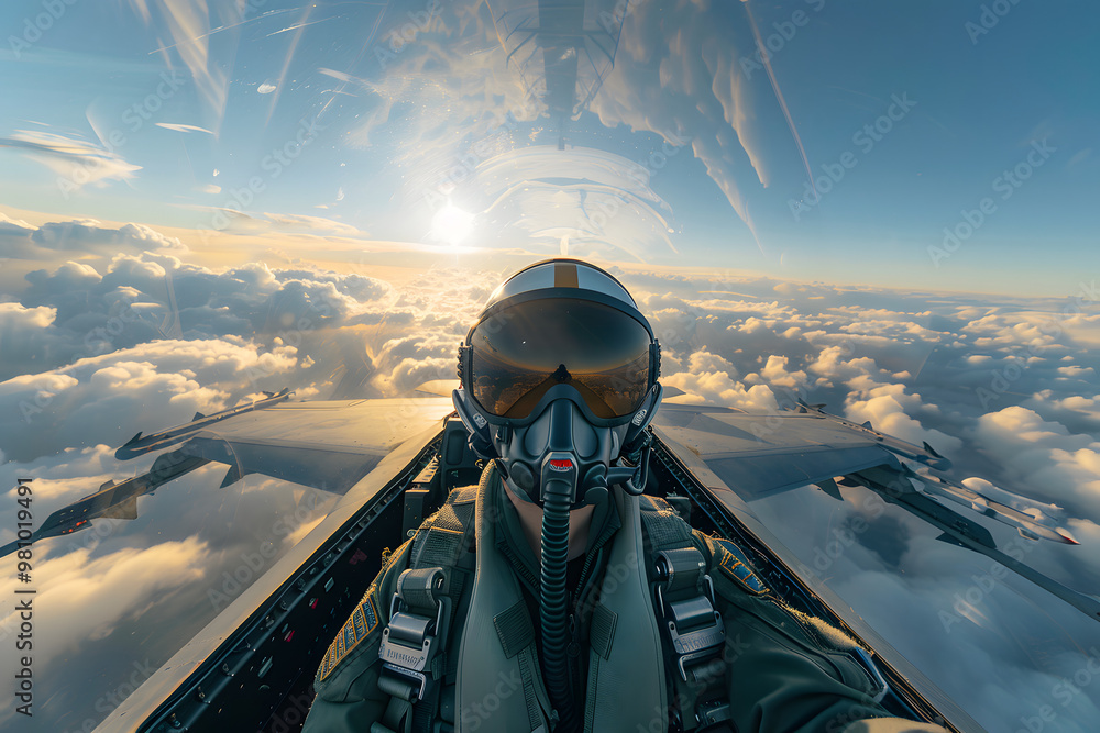 A fighter jet pilot is seen in the cockpit, flying high above the ...