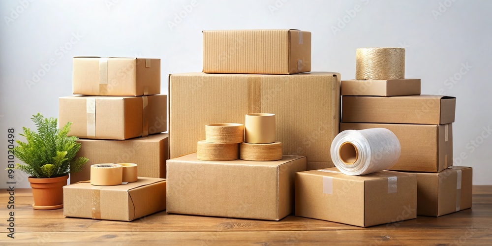 Stacked cardboard containers with brown paper wrapping, clear packing ...