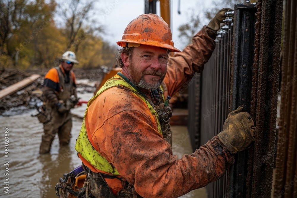 Two construction workers in gear collaborate to build a structural wall ...