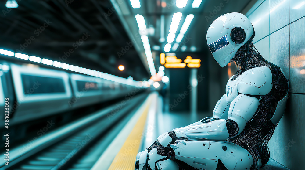 Robot with artificial intelligence sitting in train station. A cyborg ...