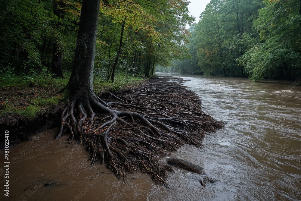 A serene forest scene with a tree showing exposed roots next to a fast ...